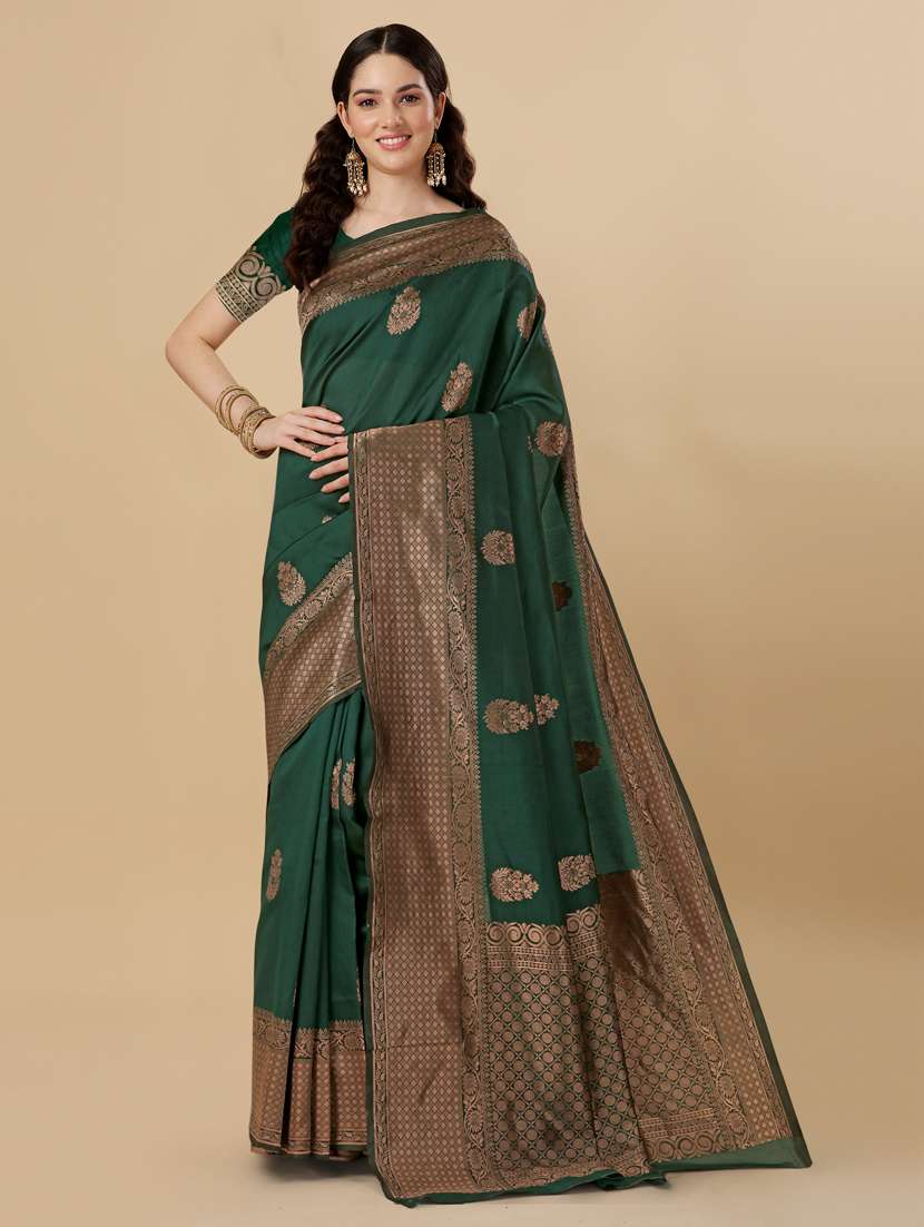 Buy online Women's Self Design Dark Green Colored Saree from ethnic ...