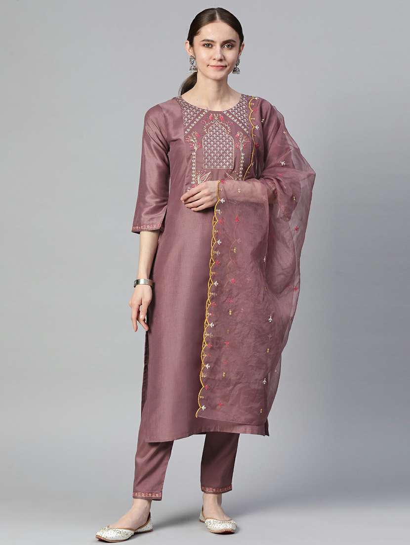 Buy online Mauve Self Design Kurta, Pant & Dupatta Set from ethnic wear ...