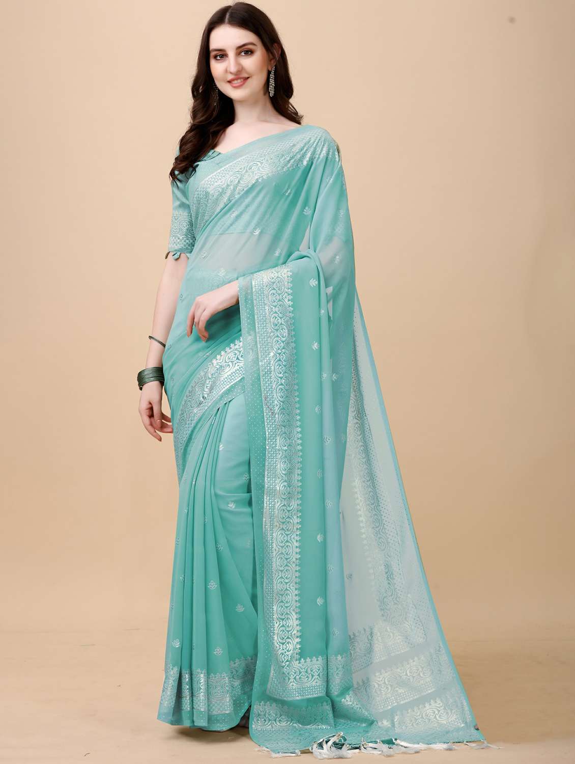 Buy online Sky Blue Self Design Woven Saree With Blouse from ethnic ...