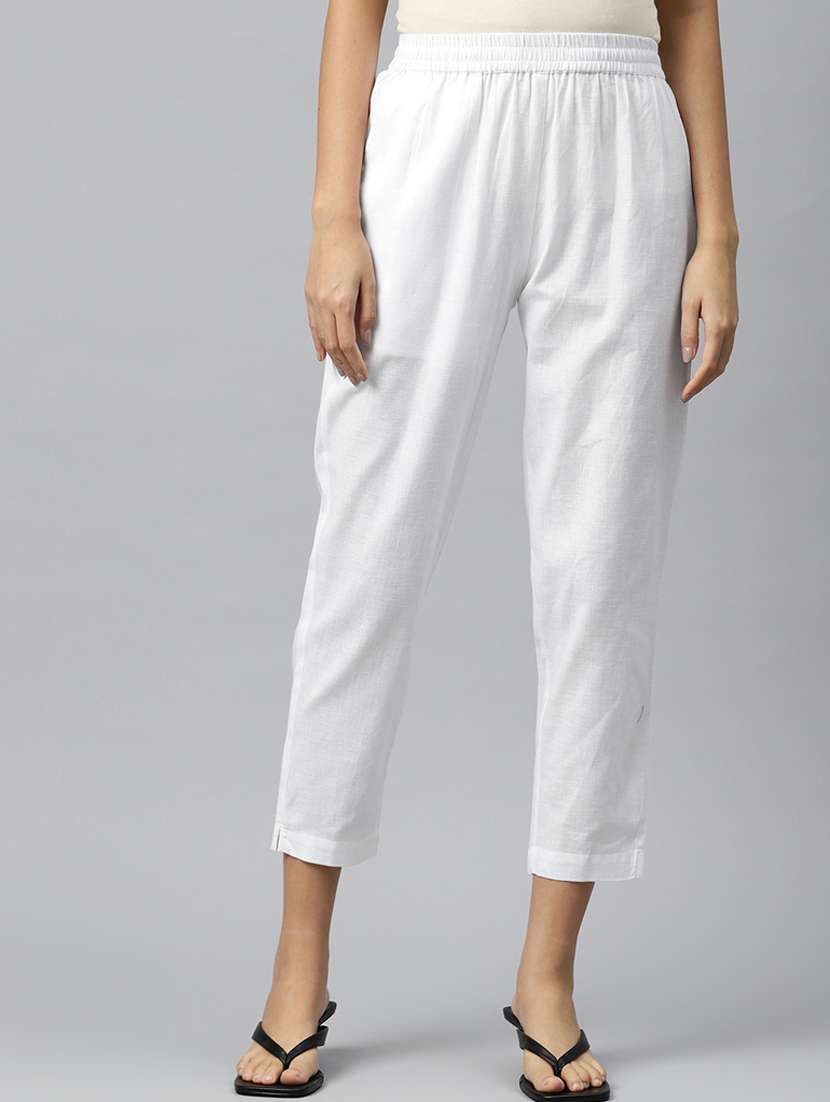 Buy online White Solid Flat Front Ankle Length Trouser from bottom wear ...