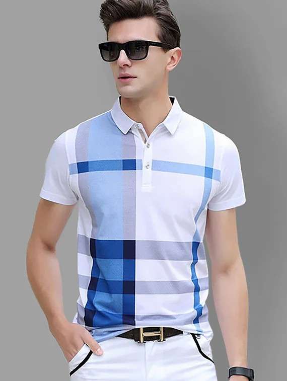 Buy online Men White Checkered Polo T-shirt from top wear for Men by ...