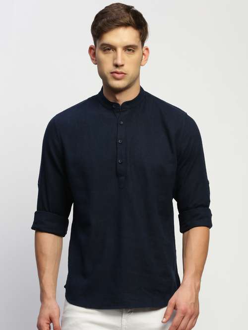 Buy online Men Blue Linen Short Kurtas Kurta from top wear for Men by ...