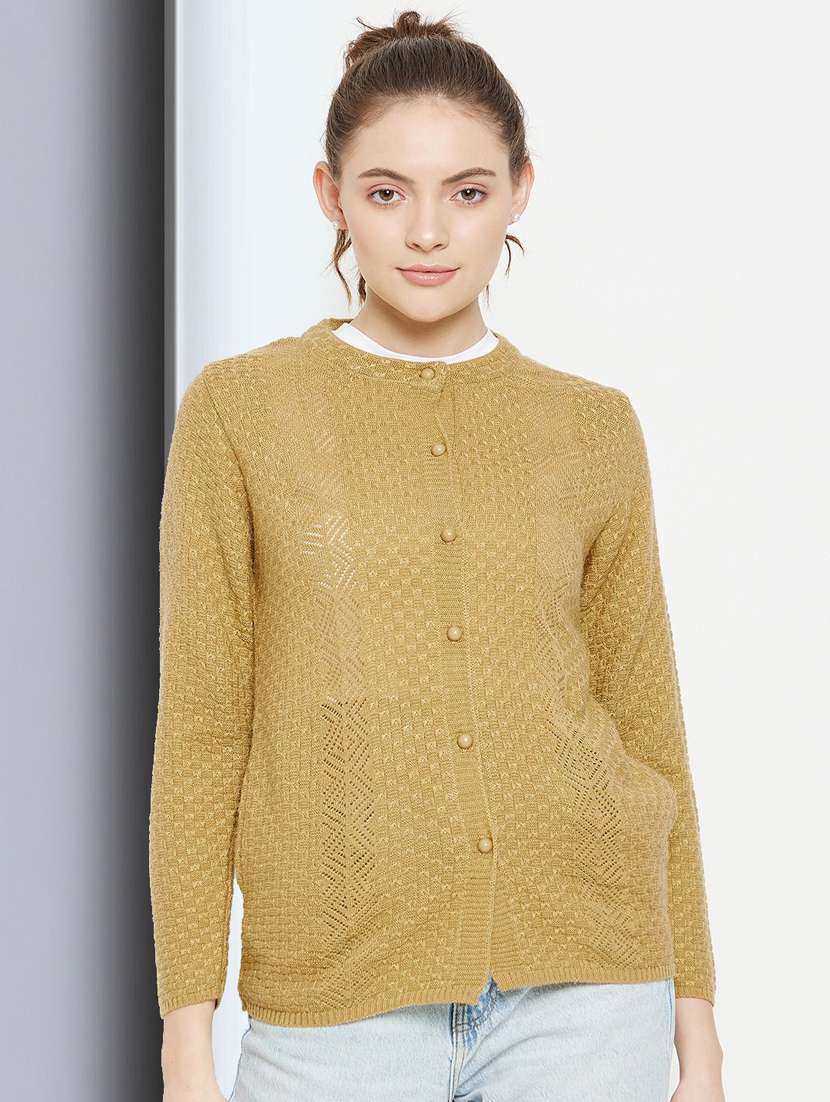 Buy online Gold Crew Neck Self Design Cardigan from Cardigans ...
