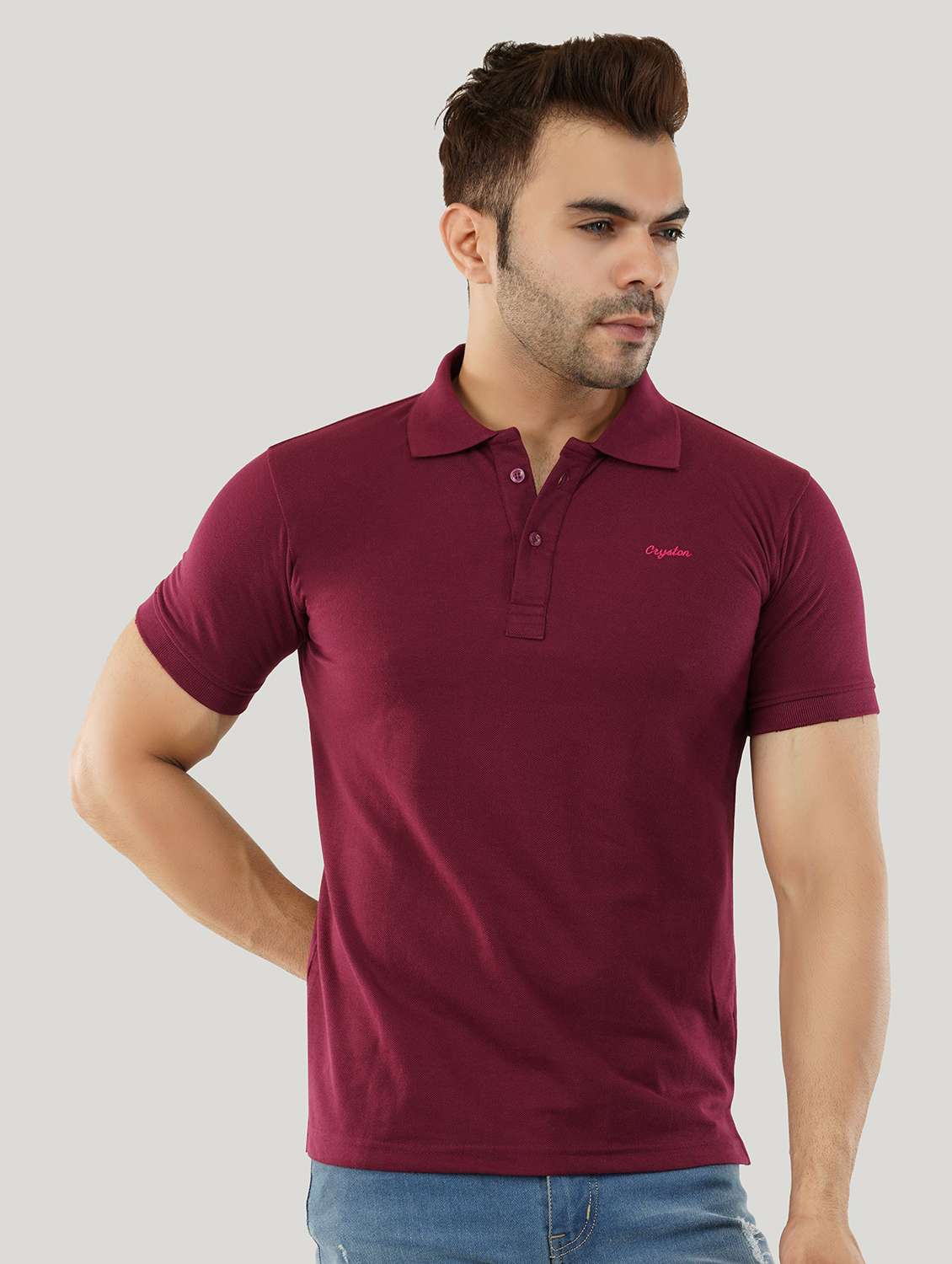 Buy online Men Maroon Solid Polo T-shirt from top wear for Men by Vs ...