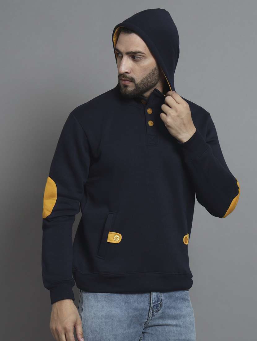 Buy online Men Color Block Navy Blue Fleece Hooded Sweatshirt from top ...