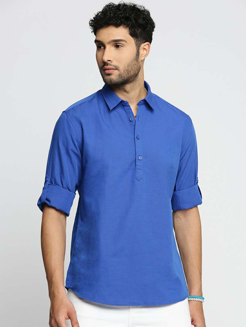 Buy online Men Blue Linen Short Kurtas Kurta from top wear for Men by ...