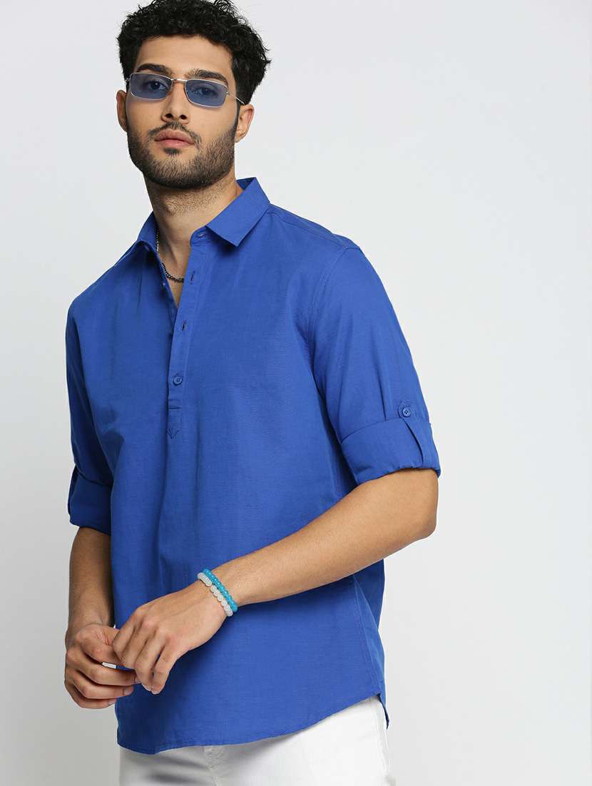 Buy online Men Blue Linen Short Kurtas Kurta from top wear for Men by ...