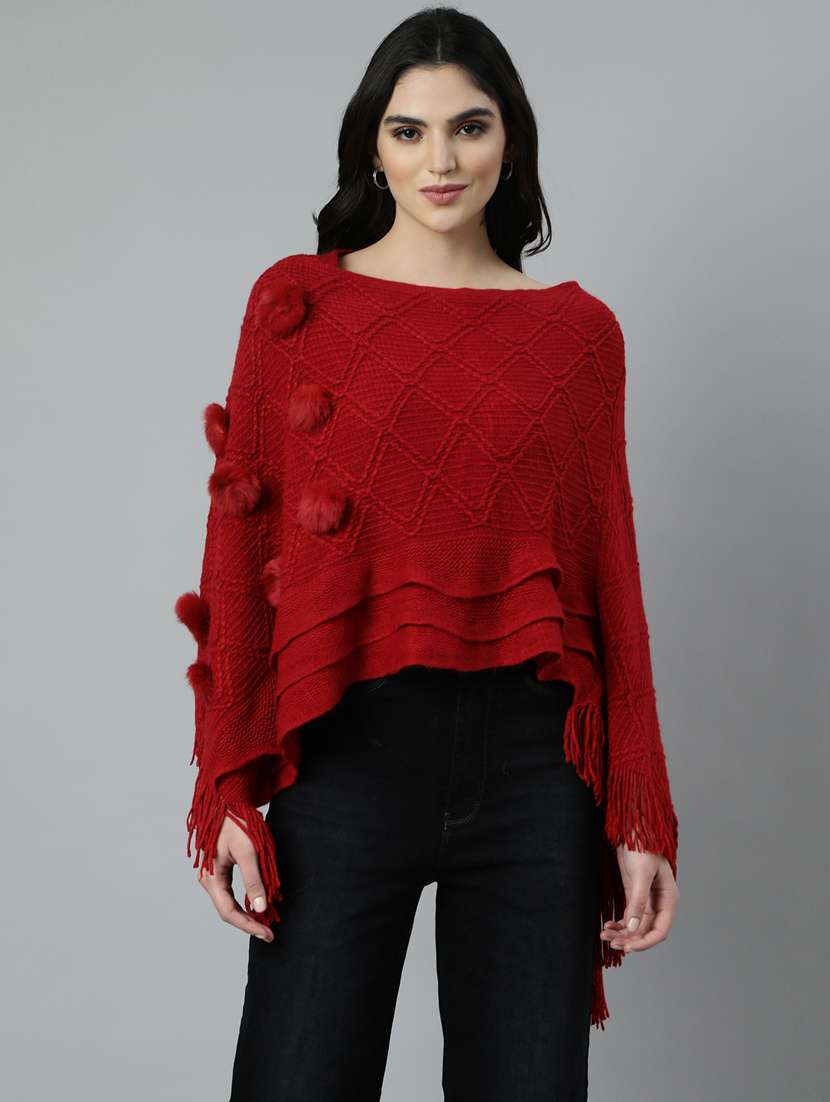 Buy online Women Red Self Design Ponchos from winter wear for Women by ...