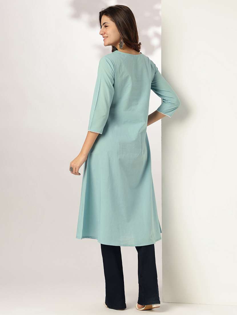 Buy online Women Solid With Work Three Quarter Sleeve A-line Kurta from ...