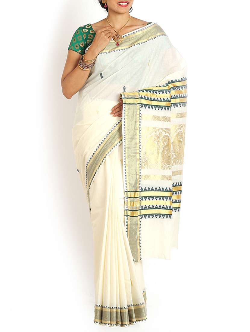 Buy online Flattering Off White Silk Cotton Kerala Kasavu Sar from ...